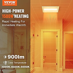 VEVOR Bathroom Exhaust Fan, 110 CFM Ventilation, 1.5sones Low Noise Operation, Remote Control, Cooling&Heating, LED Light 3000/4000/5000K, Airflow Speed&Light Brightness Adjustable, Timer