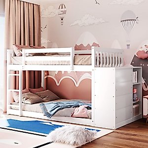 Twin Over Twin Bunk Bed with Drawers and Shelves, Wood Floor Bunk Beds with Storage for Kids Toddlers Girls Boys, Teens, Adults, White