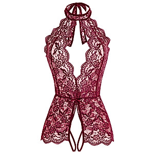 Ababoon Women One Piece Lingerie Lace Sexy Baby Dolls Teddy Sleepwear (Wine Red, XXL)