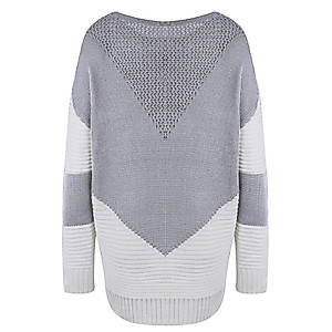 shermie Women's V Shap Colorblock Sweaters Long Sleeve Crew Neck Loose Casual Knitted Pullover Large Grey