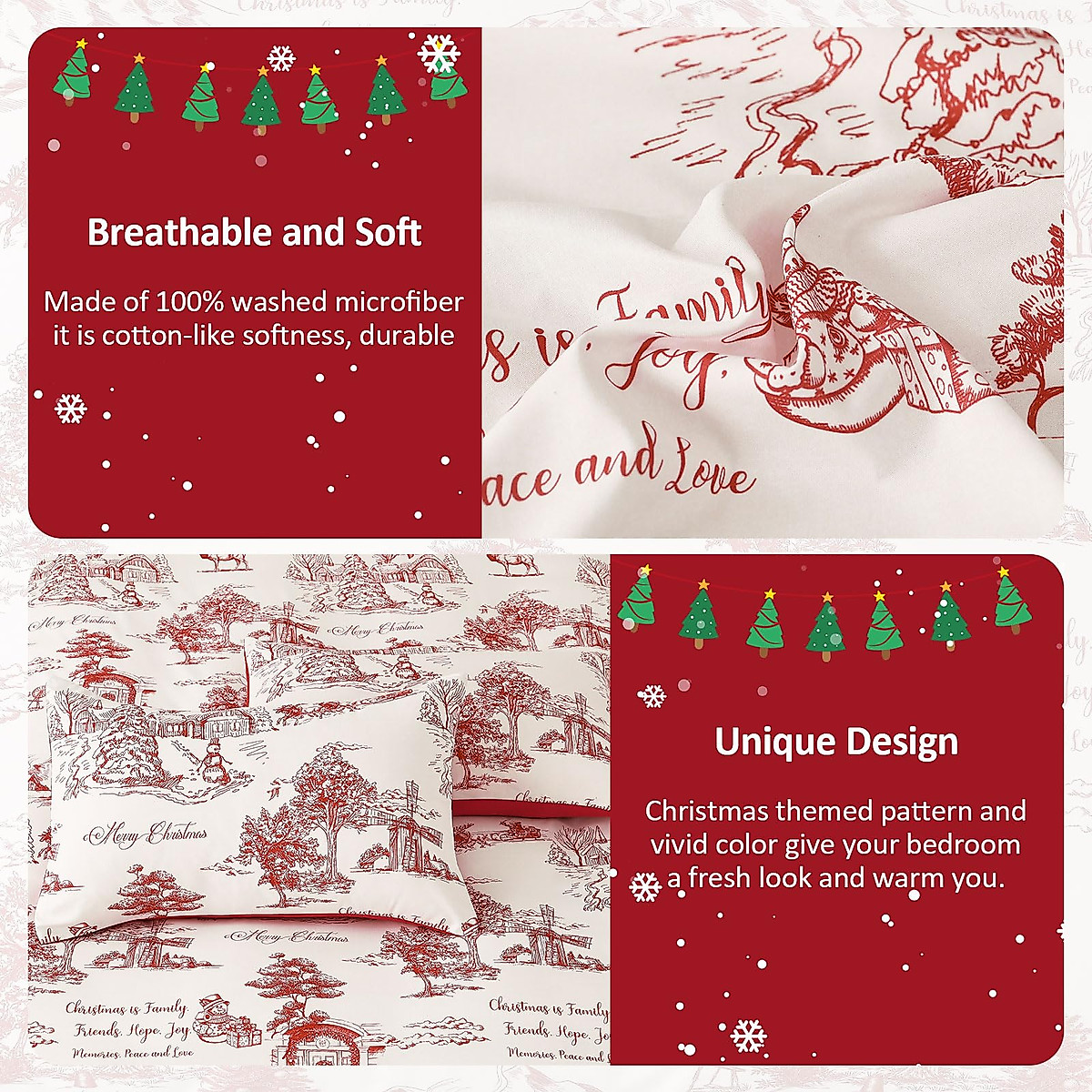 Christmas Duvet Cover King Size, Duvet Cover Set 3 Pieces Soft Microfiber Red Bedding Set Christmas Theme Reindeers Santa Claus Christmas Trees Pattern Comforter Set (104"x90")(Not Comforter)