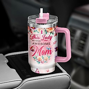 99OWL Mom Gifts, Tumbler 40 Oz With Handle Lid And Straw, Lady Mom Colorful Butterfly Floral, Coffee Tumblers Mommy Red Day Handle Primrose To Funny Flower Parade Eleven Cups