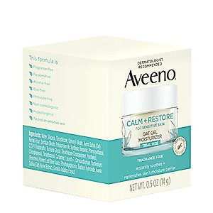 Aveeno Calm + Restore Oat Gel Facial Moisturizer for Sensitive Skin, Lightweight Gel Cream Face Moisturizer with Prebiotic Oat & Feverfew, Hypoallergenic, Fragrance- & Paraben-Free, 0.5 oz (Pack of 5)