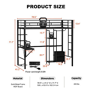 IKIFLY Loft Bed Twin Size with Desk and Storage Shelves, LED Lights & Charging Station, Metal Loft Bed with 13.4” Guardrail and Ladder, Large Fabric Basket, Clothes Rail, No Box Spring Needed, Black