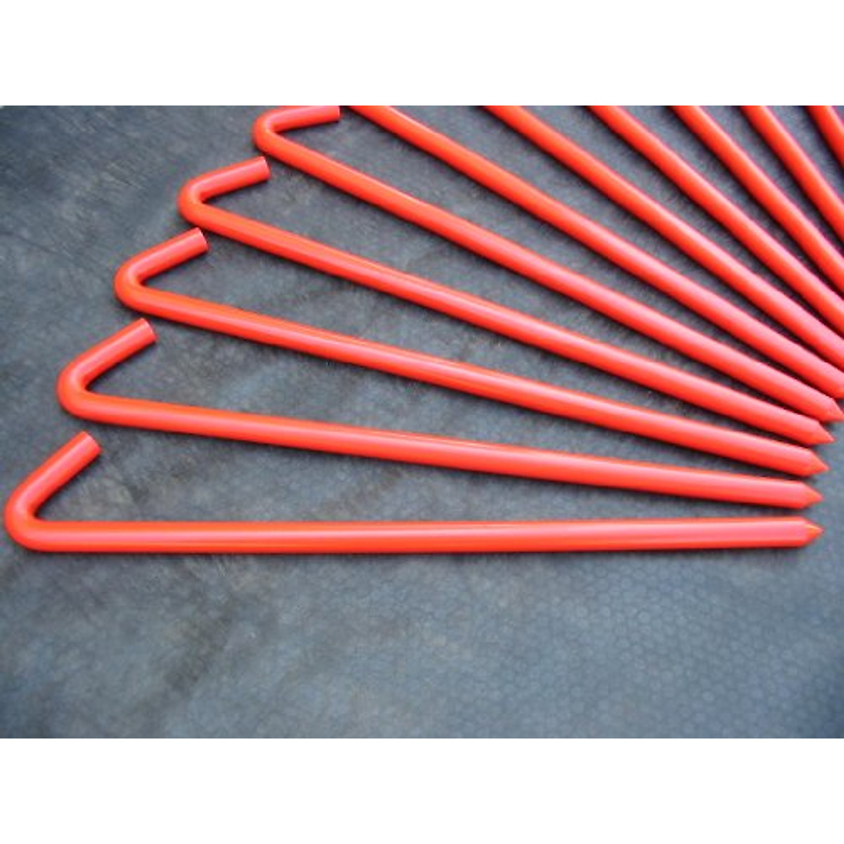 A 12 Pack of 18" long metal hook stakes.coated in Safety Orange Baked on Enamel