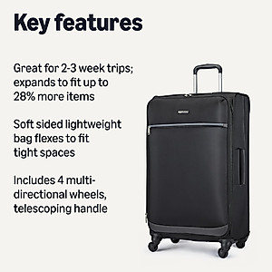Amazon Basics Luggage, 30" Large Checked Softside Suitcase With Wheels, With Four 360-Degree Multi-directional Spinner Wheels, Expandable Space, Zippered Pocket and Straps, Telescopic Handle, Black