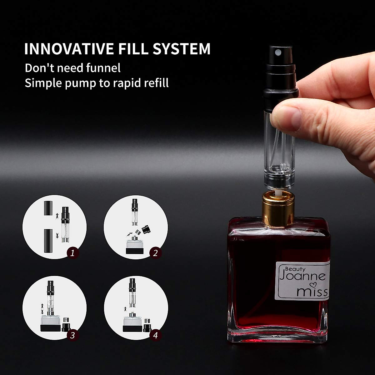 Travel Refillable Perfume Bottle, Mini Portable Perfume Empty Atomizer with Fine Spray Pump, Leaking Proof Perfume Container for Women & Men, 5ml (Black)