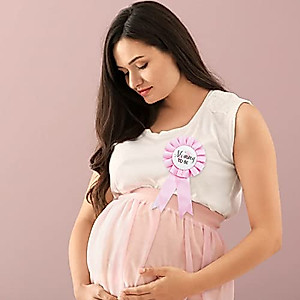 2 Pieces Daddy and Mommy To Be Tinplate Badge Pin for Baby Shower Celebration Gender Reveal Button Pins Party Favor New Dad Mom Gifts Rosette Buttons with Ribbon Baby Shower Decorations (Pink + Blue)