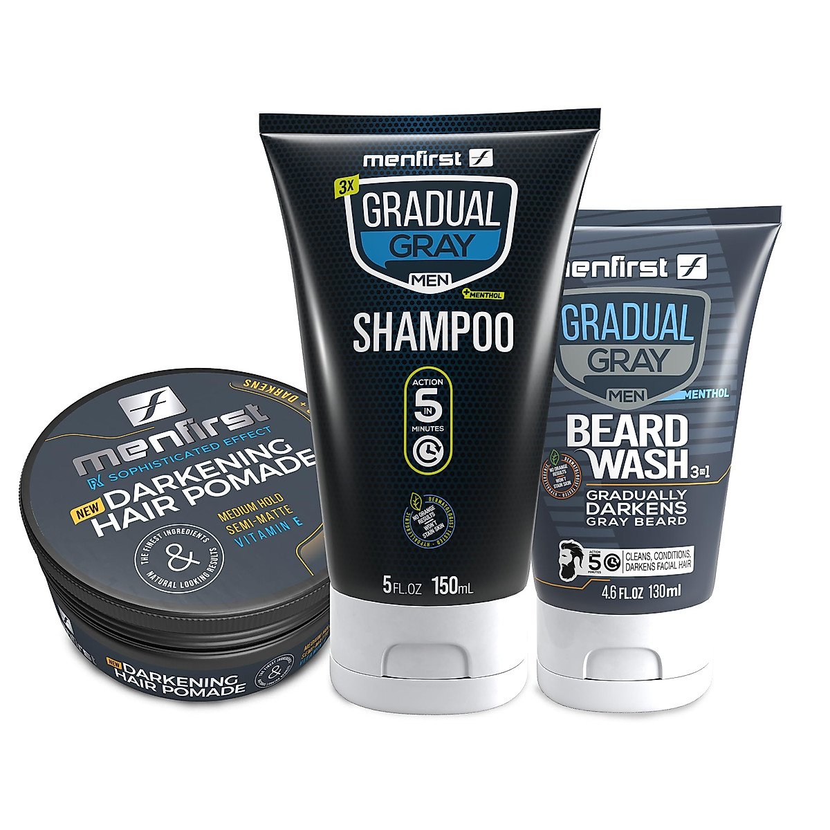 Menfirst Gradual Gray - Good Bye Gray Hair- 3-in-1 Shampoo, Beard Wash and Pomade for Dark Shades- 3 Pack Bundle