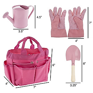 Hey! Play! Kid’s Garden Tool Set with Child Safe Shovel, Rake, Fork, Gloves, Watering Can and Canvas Tote- Mini Gardening Kit for Boys and Girls , Pink 4 x 7 x 6 inches