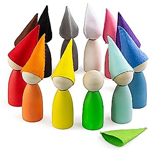Ulanik Large Peg Dolls with Hats Toddler Montessori Toys for 3 Year Old + Kids Wooden Waldorf Dolls for Learning Color Sorting and Counting — 12 Gnomes, 3.35 in