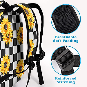 Dacawin Sunflower Floral Backpack Flower School Backpacks Durable Casual Black And White Check Plaid School Bookbag Daypack for Women Girls Kids