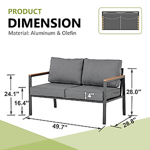 Olaterior Aluminum Outdoor Loveseat, Patio Loveseat, All-Weather 2 Seats Sofa Couch, Modern Metal Chair with Olefin Cushions, Patio Furniture Sofa for Deck, Backyard, Garden, Grey