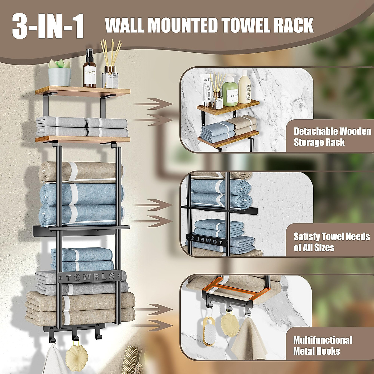 ATSKIM Wall Mounted Towel Rack for Rolled Towel, 2-Tier Detachable Wooden Shelf Bath Towel Organizer and Storage for Small Bathroom, Towel Holder for Bathroom Wall with Middle Partition (Black)