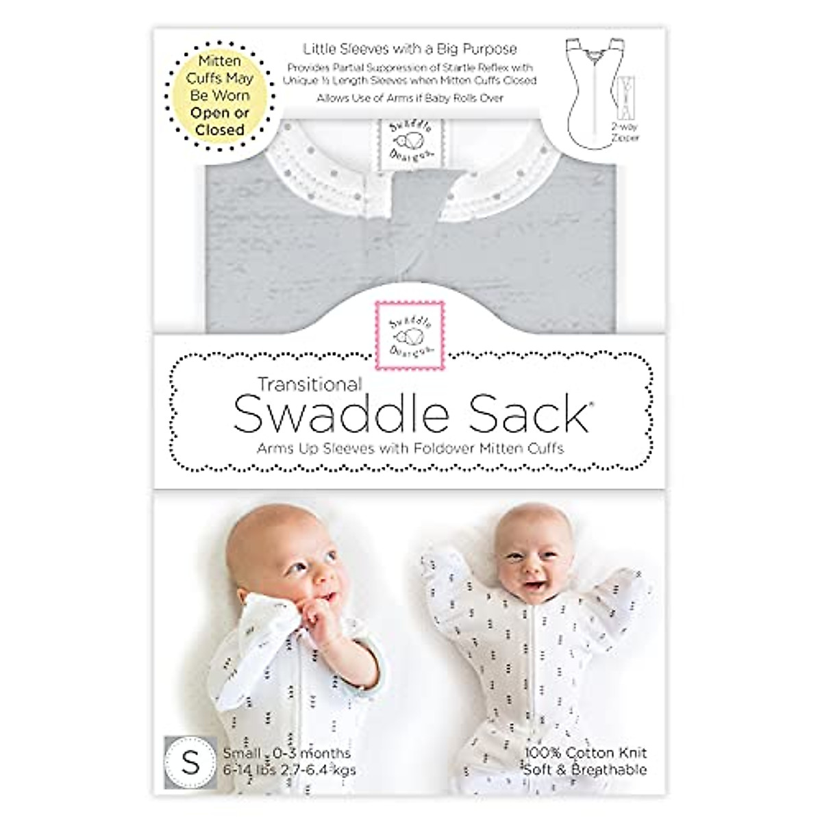 SwaddleDesigns Transitional Swaddle Sack with Arms Up Half-Length Sleeves and Mitten Cuffs, Heathered Gray, 0-3mo, 6-14 lbs (Parents' Picks Award Winner), Small