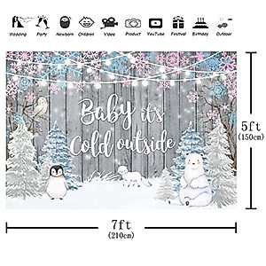 Aperturee It's Cold Outside Baby Shower Backdrop 7x5ft Winter Woodland Animals Penguin Christmas Trees Snowflake Rustic Wood Wooden Floor Photography Background Party Decorations Banner Photo Booth