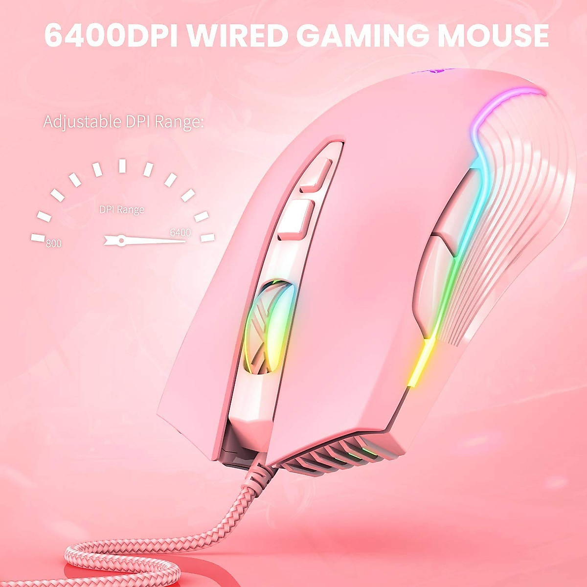 SIMGAL RGB Gaming Mouse Wired, USB Optical Computer Mice with RGB Backlit, 6 Adjustable DPI Up to 6400, Ergonomic Gamer Laptop PC Mouse with 7 Programmable Buttons for Windows Vista Linux (Pink)