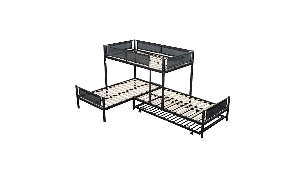 Neylory L-Shape Triple Bunk Bed with Trundle for Kids
