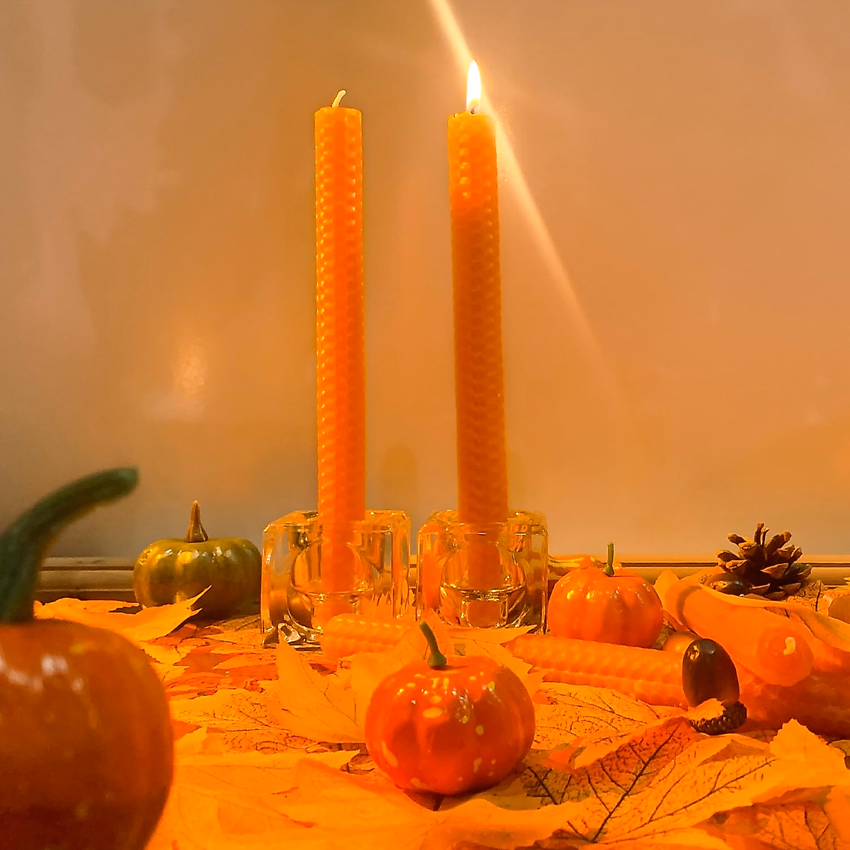 Orange Beeswax Taper Candles Set of 6pcs, 9" Long Candlesticks for Autumn, Unscented & Smokeless & Handrolled Bees Wax Candles for Home, Dia 0.78" Base,Burning Time 4 Hours