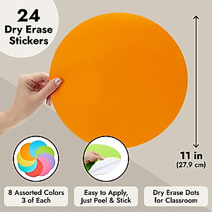 24 Pack 11-inch Dry Erase Spots and Sticker Dots for Classroom Tables - Peel and Stick Circles for Teachers and School Essential Supplies (8 Colors)