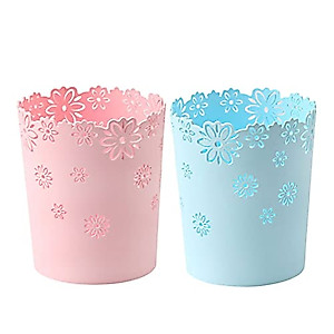 CurcKua Plastic Trash Can Hollow Flower Wastepaper Basket Round Lidless Garbage Container Bin Pink