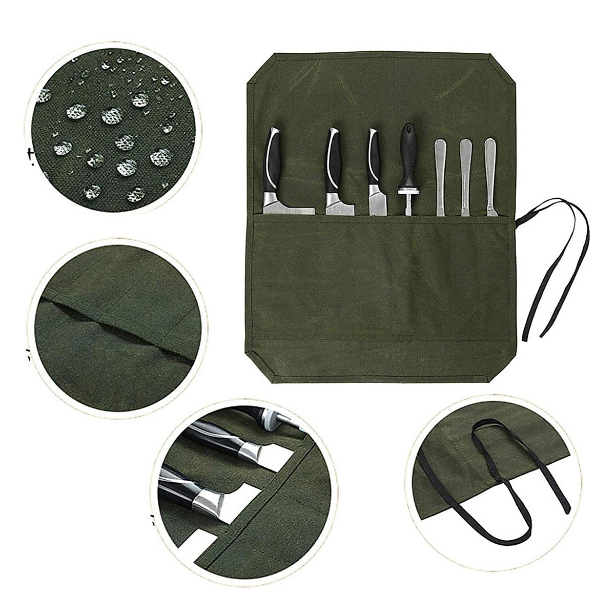Knives Holder Roll Bag | Waxed Canvas Knifes Cultery Carrier,Knifes Roll, Chef Knifes Roll Case with 7 Slots Home Kitchen Cooking Tools, and Utensils Wrap Bag Wallet Huugy
