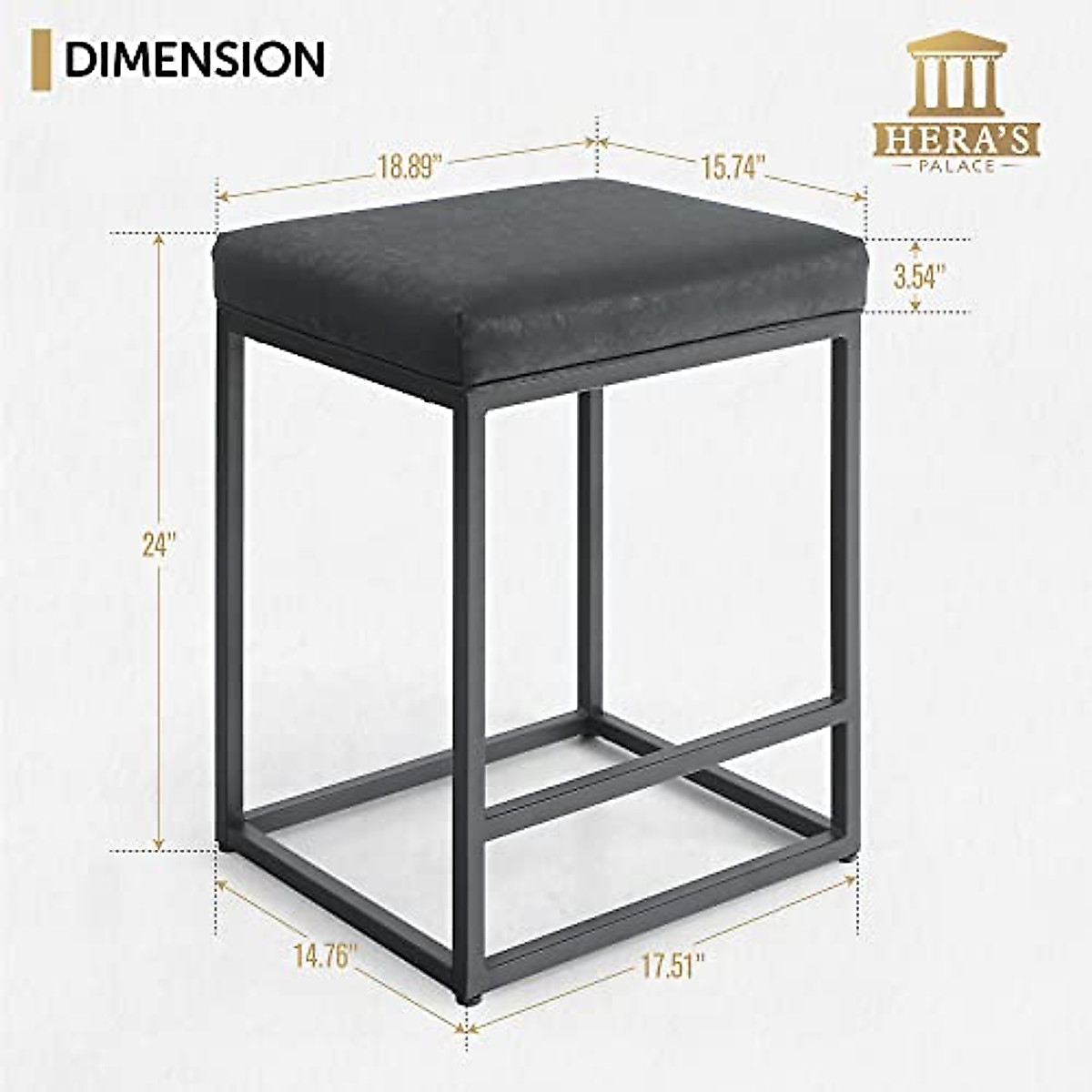 HERA'S PALACE Bar Stool Counter Height Modern Barstools Bar Height Without Back, 24" Leather Bar Chairs Industrial with Footrest for Kitchen, Living Room, Dining Bar, Indoor, Black