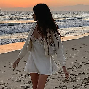 Women's Sexy Mini Dress Solid Color Sleeveless Low-Cut Spaghetti Strap Satin Tank Dress E-Girl Aesthetic Party Nightwear (B-Beige, Small)