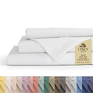 Linen Home 100% Cotton Percale Sheets Twin Size, White, Deep Pocket, 3 Pieces Set - 1 Flat, 1 Deep Pocket Fitted Sheet and 1 Pillowcase, Crisp Cool and Strong Bed Linen