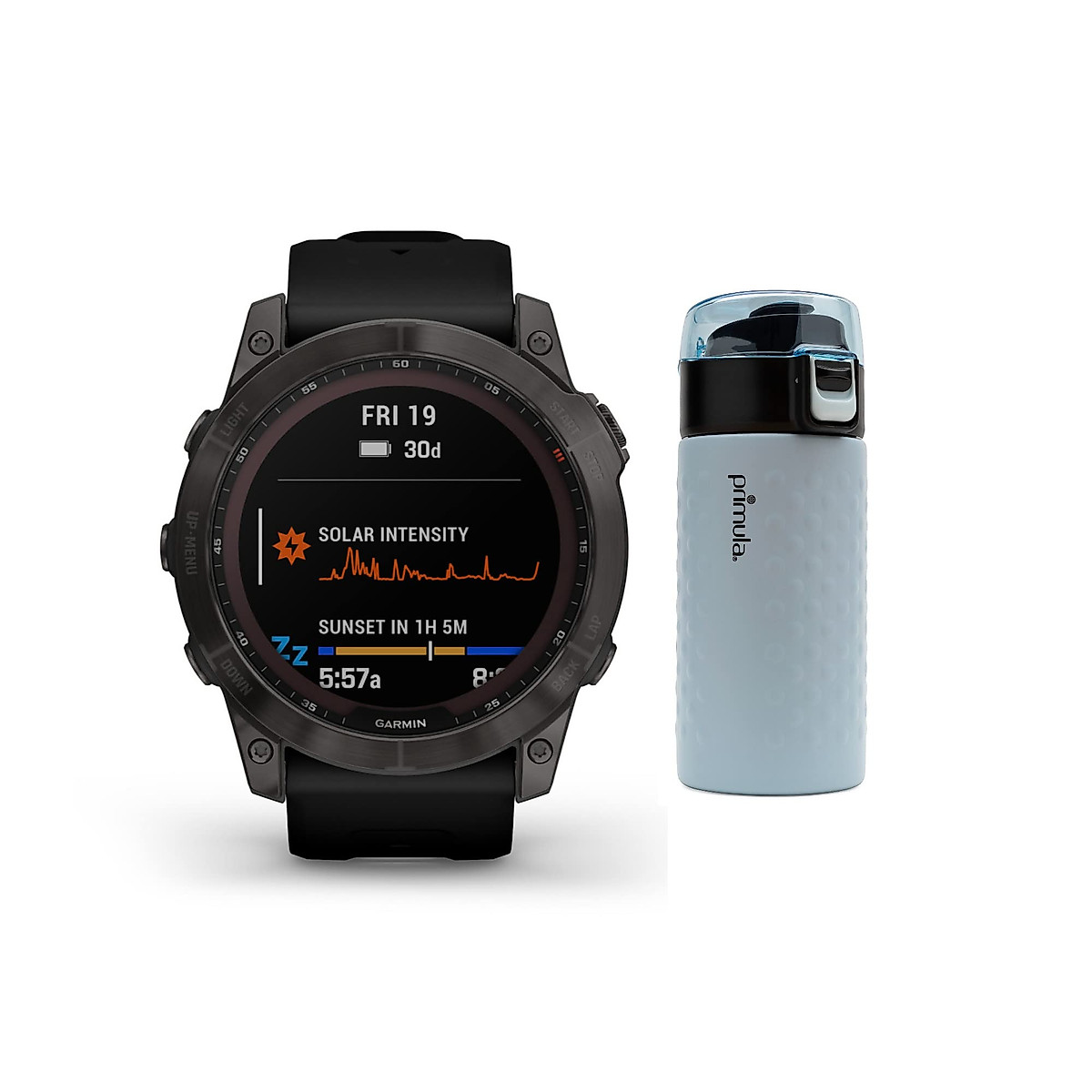 Garmin Fenix 7X Sapphire Solar GPS Smartwatch (Carbon Gray) Bundle with Primula Hamilton 12-Ounce Double Wall Stainless Steel Tumbler Bundle (2 Items)