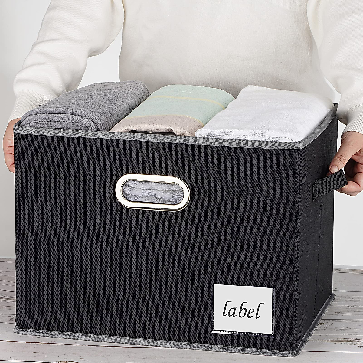 PFFVRP Extra Large Storage Bins with Lids, 16"x12"x12" Foldable Linen Fabric Storage Boxes with Lids, Storage Basket with Lid with Handles and Label, Storage Bin for Living Room Closet Office (Black)
