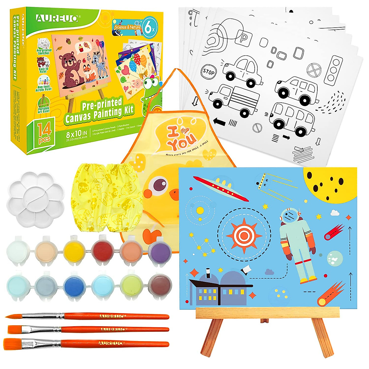 AUREUO Pre Drawn Canvas - 6 Pre Printed 8x10 Canvas, Acrylic Paints, Wood Easel, Smock, Paint Brushes & Palette Art Gift for Boys Girls