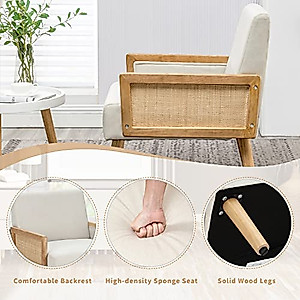 MELLCOM Beige Rattan Chair, Mid Century Modern Accent Chair, Upholstered Chairs with Bamboo Knitting and Solid Wood Legs, Comfy Linen Fabric Armchair for Club, Living Room, Bedroom,Beige-26.4''w