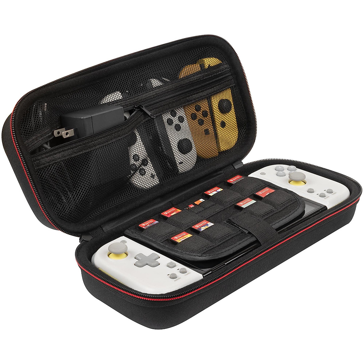 ButterFox Large Carrying Case for Hori Split Pad Compact, Fits Wall Charger, 10 Game Slot Holders (8 Physical + 2 digital), Compatible with Both Regular and OLED Switch - Black/Red