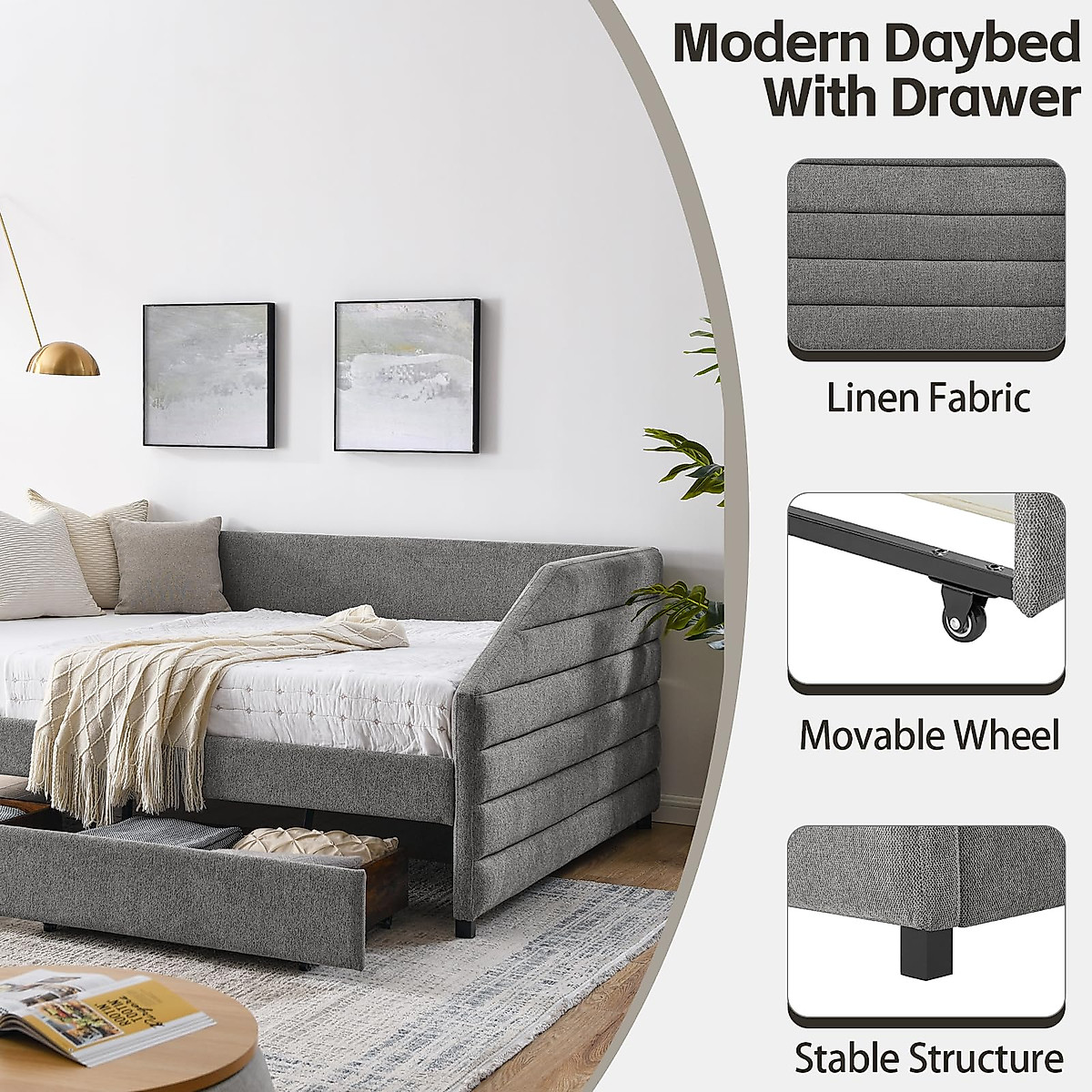 JEEOHEY Queen Size Daybed with Storage, Modern Upholstered Linen Sofa Bed with 2 Pull-Out Drawers for Apartment Living Room Guest Room, Solid Wood Trundle Day Bed Frame, No Box Spring Needed, Grey