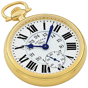 Gotham Classic Series Gold Plated Stainless Steel Open Face 17 Jewel Mechanical Hand Wind Pocket Watch # GWC14112G