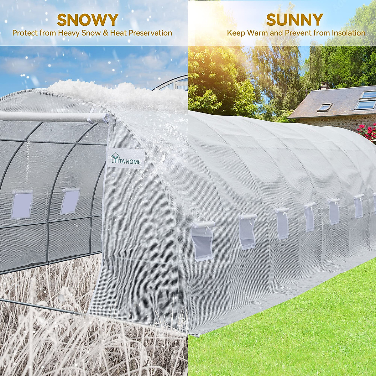 YITAHOME 26'x10'x7' Heavy Duty Greenhouses Large Walk-in Greenhouse Tunnel Green Houses Outdoor Gardening Upgraded Galvanized Steel Stake Ropes Zipper Door 9 Crossbars Garden, White