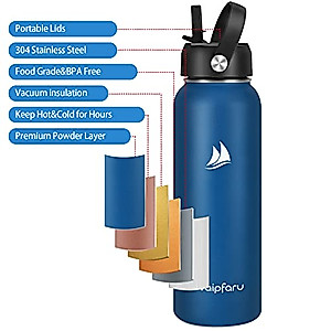 Waipfaru Insulated Water Bottle 40oz, Stainless Steel Water Bottles with Straw Lid, Metal Sports Water Bottle Keep Cold & Hot, Double Wall Vacuum Wide Mouth Sweat-proof for Sports Travel, Navy Blue
