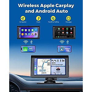 Portable Car Stereo Wireless Apple Carplay Android Auto with 7" HD IPS Touch Screen Car Radio Audio Receivers Bluetooth5.0, AirPlay, GPS Navigation for Car, Siri/Google Assistant, Calling, AUX/FM