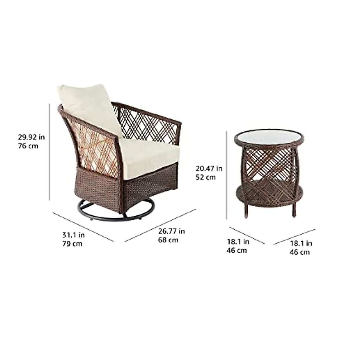 Amazon Brand - Ravenna Home 3-Piece Conversation Bistro Set With Cushioned Swivel Chairs and Table, Weather-Resistant PE Rattan Wicker, Brown