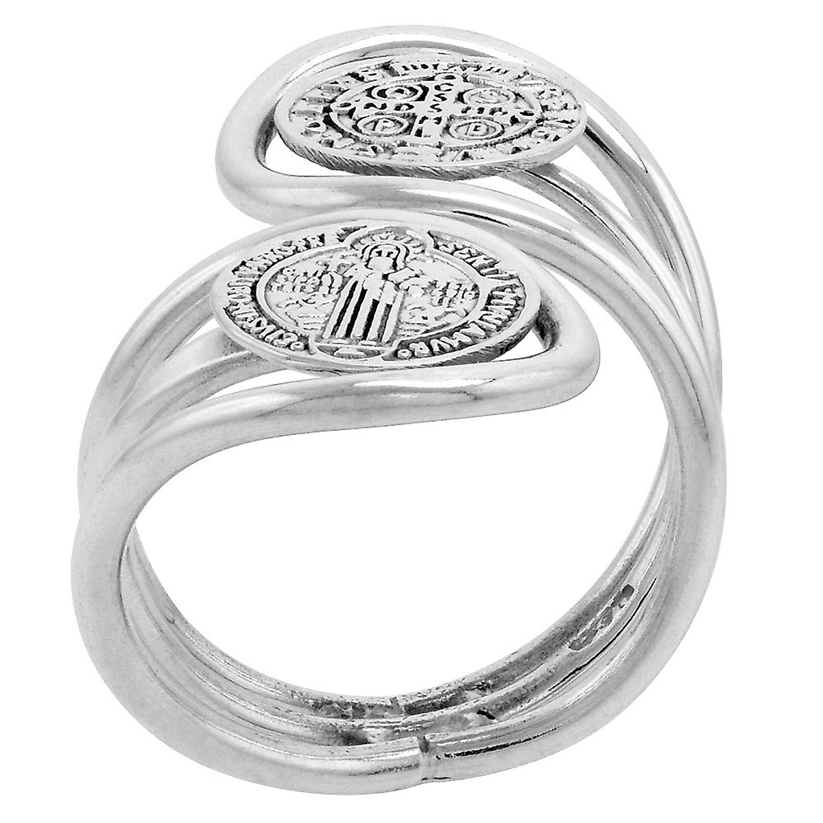 Sterling Silver St Benedict Ring for Women Wire Wrapped 2 Medals Bypass Handmade 1 1/4 inch long, size 7