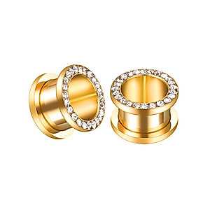 14K Gold Plated Crystal Rhinestones CZ Ear Tunnels Plugs Expander Gauges Stretcher Earrings Screw Stainless Steel Hypoallergenic Body Piercing Jewelry Personalized Gifts Men Women Bff (0g(8mm))