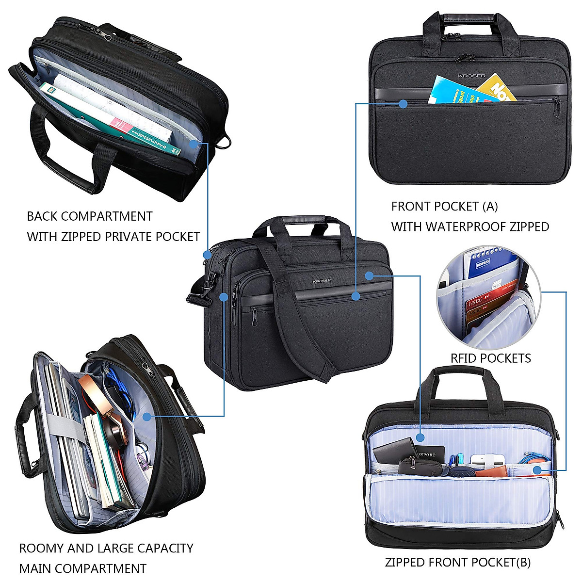 Laptop Bag Fits Up to 17.3 Inch KROSER Laptop Premium Laptop Briefcase Expandable Computer Bag Water-Repellent Shoulder Messenger Bag for Travel/Business/School/Men/Women