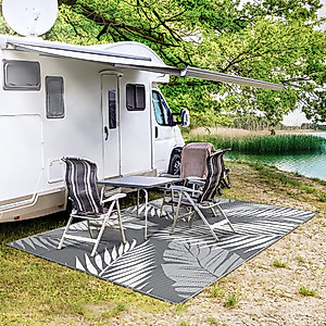 GENIMO Outdoor Rug 5' x 8' Waterproof for Patios Clearance, Reversible Plastic Straw Camping Carpet, Large Area Rugs Mats for RV, Picnic, Backyard, Deck, Balcony, Porch, Beach, Grey&White