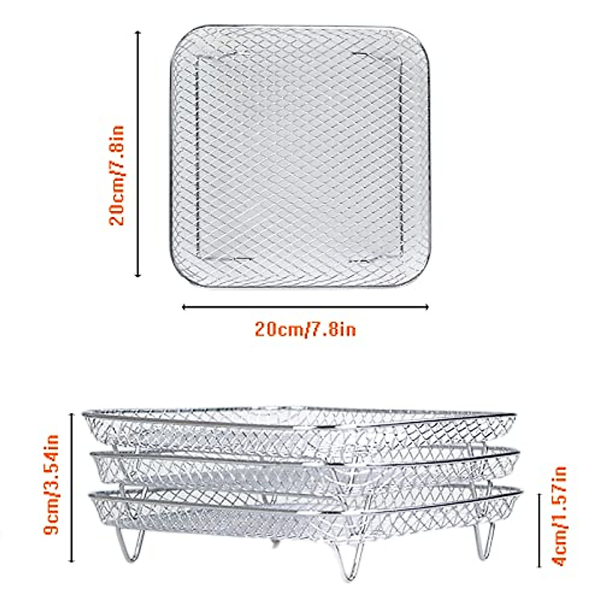 8inch Air Fryer Rack Compatible with Instant Vortex, Philips, COSORI Air Fryer, Fits 4.2QT-5.8QT Air Fryer, Square 3 Stackable Racks, Stainless Steel Dehydrator Rack Air fryer Accessories
