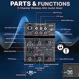 Pyle Professional Wireless DJ Audio Mixer - 3-Channel Bluetooth DJ Controller Sound Mixer w/USB Audio Interface, Combo Jack XLR+6.35mm Mic/Line/Guitar In, 3.5mm, RCA, AUX, Headphone Jack PAD33MXUBT