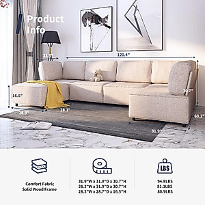 ZAFLY Modular Sectional Sofa Couch, U/L Shaped Couch with Oversized Seats, Ottoman, Convertible Modern Linen Fabric Reversible Chaise, Sofa Sleeper for Living Room, Apartment 120.4" W (Beige)