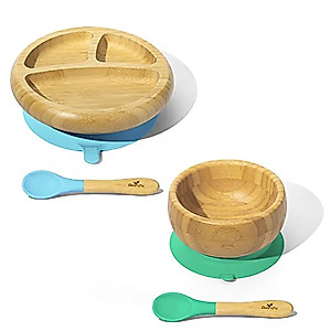 Avanchy Feeding Bamboo Silicone Baby Training Spoons with Plate and Bowl