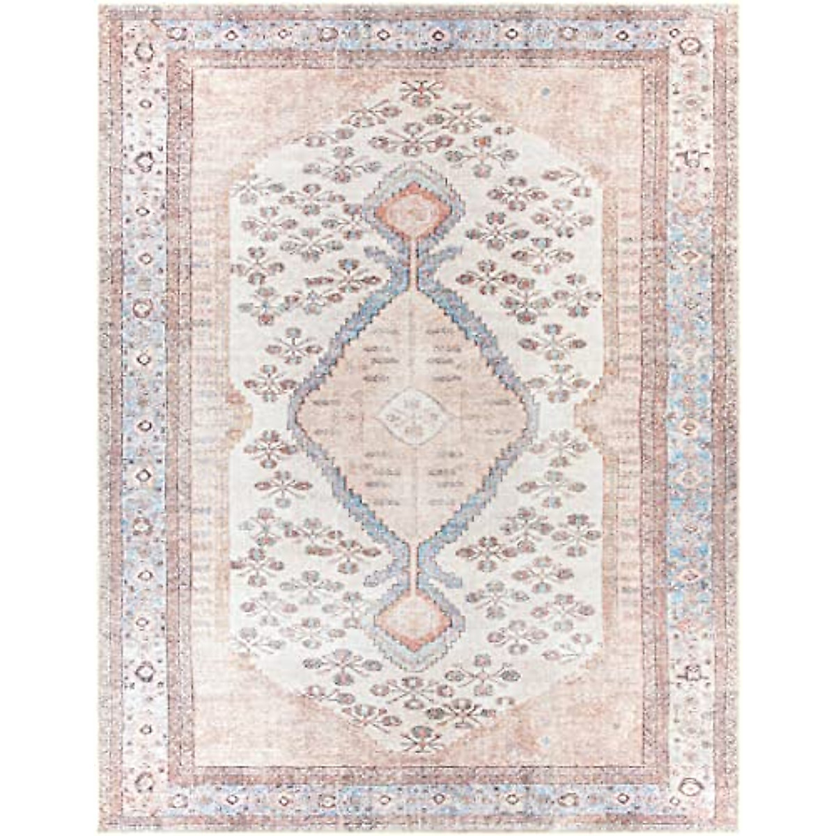 Moora Machine Washable Area Rug - Oriental Persian Medallion Pattern - Bohemian Floral Living Room Carpet - Pink, Blue, Beige, Cream - 7'10" x 10'2"