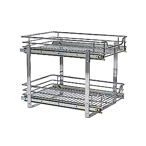 Household Essentials Glidez Slide Out Cabinet Organizer, 14.5” Wide, Durable Chrome-Plated Steel Frame, Dual Baskets and Smooth Glides, Heavy-Duty and Space-Optimizing, Simple Assembly and Installation, Chrome